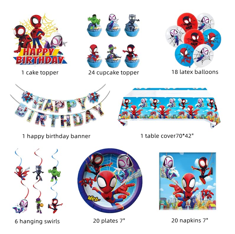 Spidey and His Amazing Friends Birthday Party Supplies Decorations Set with Tablecloth,Plates,Napkins, Banner, Balloons, Hanging Swirls, Cake Cupcake Toppers for Boys Girls Spidey-Theme Party