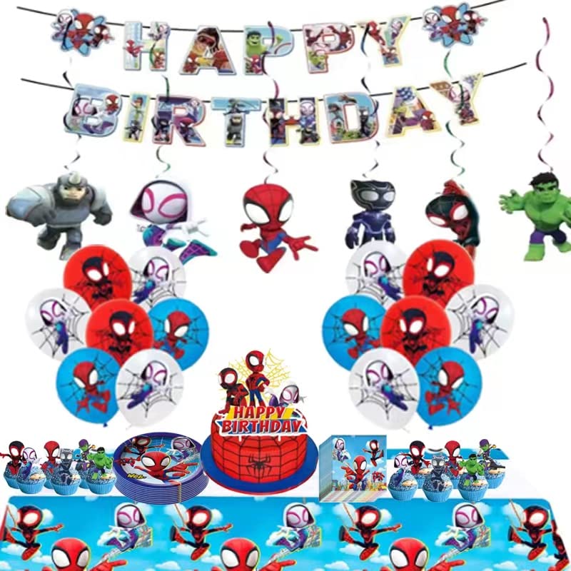 Spidey and His Amazing Friends Birthday Party Supplies Decorations Set with Tablecloth,Plates,Napkins, Banner, Balloons, Hanging Swirls, Cake Cupcake Toppers for Boys Girls Spidey-Theme Party