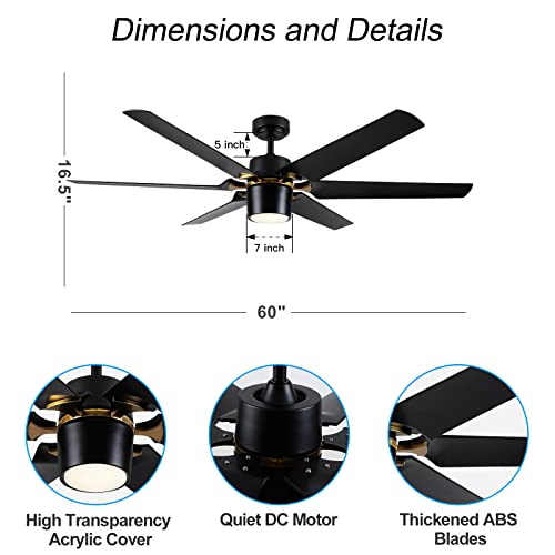 60 inch Large Ceiling Fan with Light and Remote, Modern Black Ceiling Fans with Gold Alloy, Dimmable 3-Color Temperature Reversible Blades 6 Speed Quiet DC Motor for Bedroom Living Room Hall etc