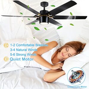 60 inch Large Ceiling Fan with Light and Remote, Modern Black Ceiling Fans with Gold Alloy, Dimmable 3-Color Temperature Reversible Blades 6 Speed Quiet DC Motor for Bedroom Living Room Hall etc