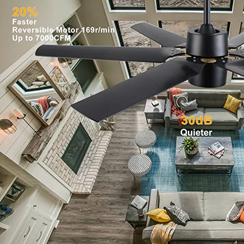 60 inch Large Ceiling Fan with Light and Remote, Modern Black Ceiling Fans with Gold Alloy, Dimmable 3-Color Temperature Reversible Blades 6 Speed Quiet DC Motor for Bedroom Living Room Hall etc