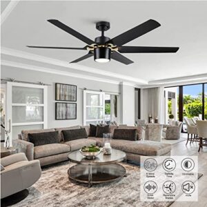 60 inch Large Ceiling Fan with Light and Remote, Modern Black Ceiling Fans with Gold Alloy, Dimmable 3-Color Temperature Reversible Blades 6 Speed Quiet DC Motor for Bedroom Living Room Hall etc