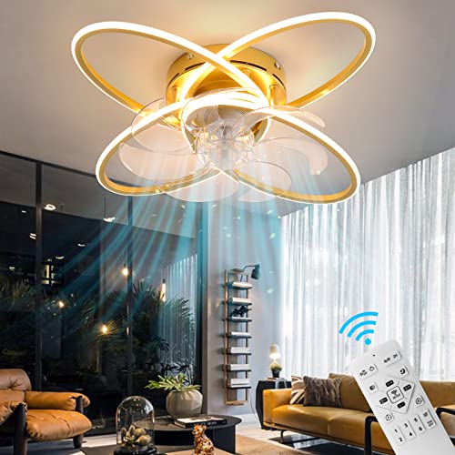 Flush Mount Bladeless Ceiling Fan with 3 Colors Dimmable Step-Less LED Light,Modern Low Profile Ceiling Fan Lighting Fixture with Remote Control 6 Speeds,Indoor Outdoor Bedroom Living Room (Golden)