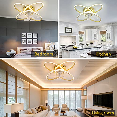 Flush Mount Bladeless Ceiling Fan with 3 Colors Dimmable Step-Less LED Light,Modern Low Profile Ceiling Fan Lighting Fixture with Remote Control 6 Speeds,Indoor Outdoor Bedroom Living Room (Golden)