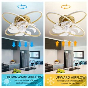 Flush Mount Bladeless Ceiling Fan with 3 Colors Dimmable Step-Less LED Light,Modern Low Profile Ceiling Fan Lighting Fixture with Remote Control 6 Speeds,Indoor Outdoor Bedroom Living Room (Golden)