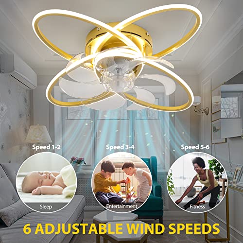 Flush Mount Bladeless Ceiling Fan with 3 Colors Dimmable Step-Less LED Light,Modern Low Profile Ceiling Fan Lighting Fixture with Remote Control 6 Speeds,Indoor Outdoor Bedroom Living Room (Golden)