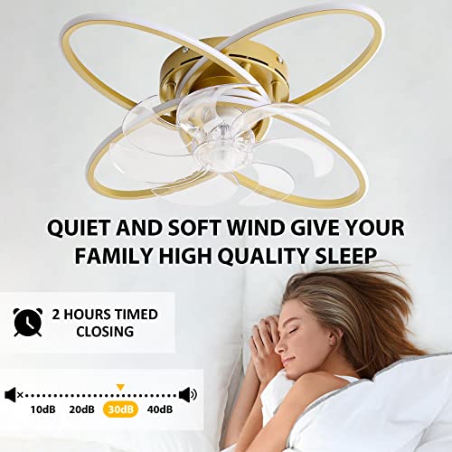 Flush Mount Bladeless Ceiling Fan with 3 Colors Dimmable Step-Less LED Light,Modern Low Profile Ceiling Fan Lighting Fixture with Remote Control 6 Speeds,Indoor Outdoor Bedroom Living Room (Golden)