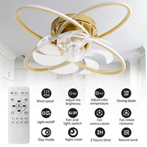 Flush Mount Bladeless Ceiling Fan with 3 Colors Dimmable Step-Less LED Light,Modern Low Profile Ceiling Fan Lighting Fixture with Remote Control 6 Speeds,Indoor Outdoor Bedroom Living Room (Golden)