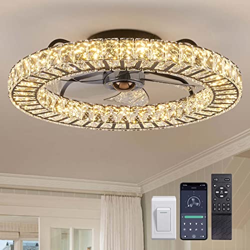 7PM Flush Mount Ceiling Fan with Light, 22" Modern Crystal Chandelier Ceiling Fan with 30W Stepless Dimmable LED Smart 4-Light Color Change and 6 Speeds, Low Profile Ceiling Fan for Bedroom, White