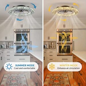 7PM Flush Mount Ceiling Fan with Light, 22" Modern Crystal Chandelier Ceiling Fan with 30W Stepless Dimmable LED Smart 4-Light Color Change and 6 Speeds, Low Profile Ceiling Fan for Bedroom, White