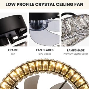 7PM Flush Mount Ceiling Fan with Light, 22" Modern Crystal Chandelier Ceiling Fan with 30W Stepless Dimmable LED Smart 4-Light Color Change and 6 Speeds, Low Profile Ceiling Fan for Bedroom, White