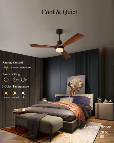 Chriari Ceiling Fans with Lights, 3 Wood Fan Blades, 52" Black Modern Ceiling Fan with Remote Control, Noiseless Reversible DC Motor for Bedroom/Living Room/Study/Patio