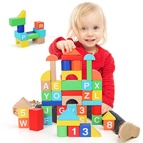 GEMEM 48 Pieces Building Blocks for Toddlers 3 Year Old, Alphanumeric Wooden Blocks for Kids Ages 4-8, Stacking Wooden Block Educational Toy with Wooden Box, Montessori Toys for 3 Year Old Girls Boys