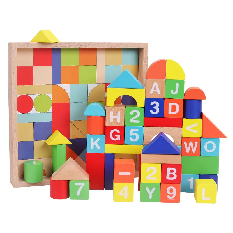 GEMEM 48 Pieces Building Blocks for Toddlers 3 Year Old, Alphanumeric Wooden Blocks for Kids Ages 4-8, Stacking Wooden Block Educational Toy with Wooden Box, Montessori Toys for 3 Year Old Girls Boys