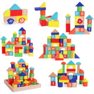 GEMEM 48 Pieces Building Blocks for Toddlers 3 Year Old, Alphanumeric Wooden Blocks for Kids Ages 4-8, Stacking Wooden Block Educational Toy with Wooden Box, Montessori Toys for 3 Year Old Girls Boys