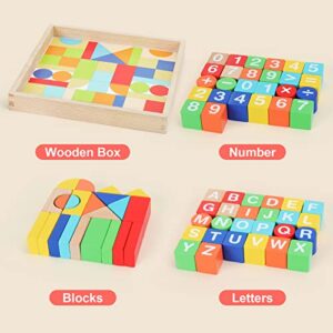 GEMEM 48 Pieces Building Blocks for Toddlers 3 Year Old, Alphanumeric Wooden Blocks for Kids Ages 4-8, Stacking Wooden Block Educational Toy with Wooden Box, Montessori Toys for 3 Year Old Girls Boys