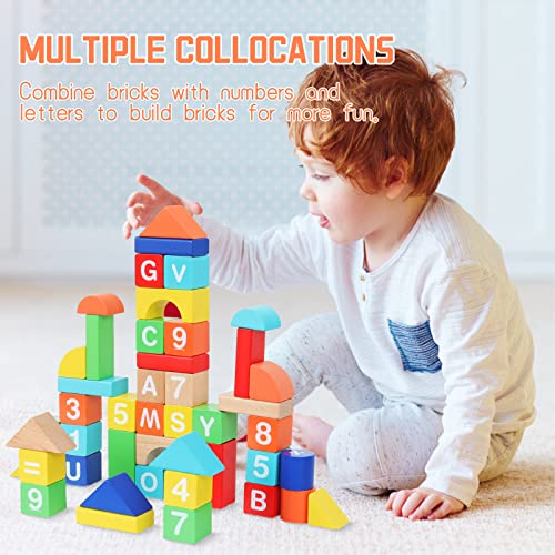 GEMEM 48 Pieces Building Blocks for Toddlers 3 Year Old, Alphanumeric Wooden Blocks for Kids Ages 4-8, Stacking Wooden Block Educational Toy with Wooden Box, Montessori Toys for 3 Year Old Girls Boys