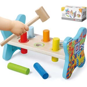 dorjee wooden pegs hammer toy for toddlers 1-3, pounding bench with 6 colorful wooden pegs and a toy hammer, 1 year old montessori educational toy for early development, fox