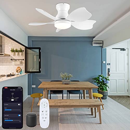 Ceiling Fan with Lights, 30 inch Remote Control, Low Profile DC Smart Ceiling Fan Works with Alexa, Google Home & Smart APP, White Flush Mount Ceiling Fan Suitable for bedroom dining room kitchen