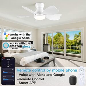 Ceiling Fan with Lights, 30 inch Remote Control, Low Profile DC Smart Ceiling Fan Works with Alexa, Google Home & Smart APP, White Flush Mount Ceiling Fan Suitable for bedroom dining room kitchen