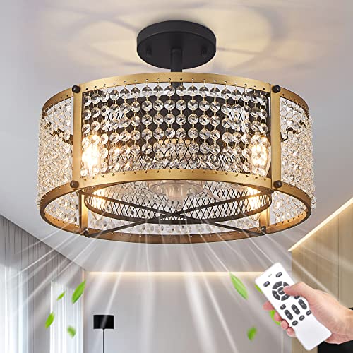 Zhizenl Ceiling Fan with Lights, 6 Speeds Reversible Crystal Ceiling Fans with Remote Control, Low Profile Industrial Modern Ceiling Fan Lights for Living Room Bedroom Kitchen Island (Gold & Black)