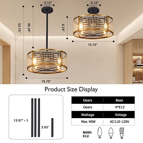 Zhizenl Ceiling Fan with Lights, 6 Speeds Reversible Crystal Ceiling Fans with Remote Control, Low Profile Industrial Modern Ceiling Fan Lights for Living Room Bedroom Kitchen Island (Gold & Black)