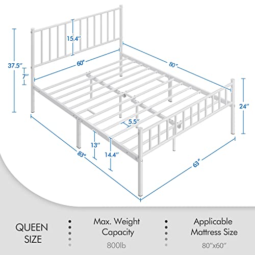 Yaheetech 14 Inch Queen Size Bed Frame Metal Platform Bed with Spindle Headboard Footboard/Mattress Foundation/No Box Spring Needed/Underbed Storage Space/Steel Slat Support/Easy Set up, White