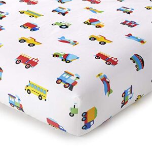 wildkin kids 100% cotton fitted crib sheet for boys and girls, crib sheets measures 52 x 28 x 8 inches, kids crib sheets with super soft and breathable material (trains, planes, and trucks)