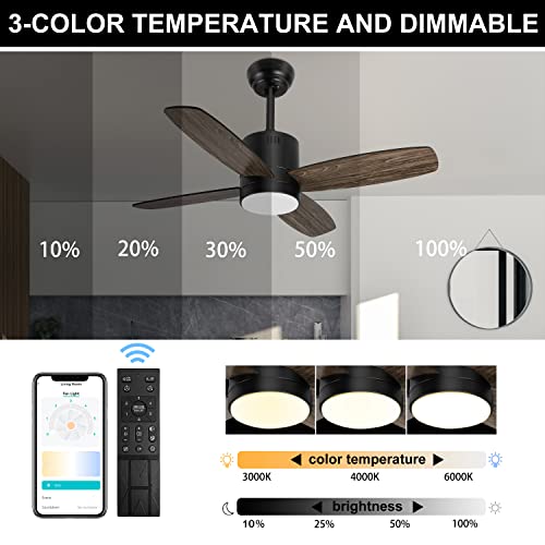 Ohniyou 38'' Ceiling Fan with Lights Remote Control - Small Outdoor Ceiling Fans with Light for Patio APP Control - Dimmable Quiet DC Ceiling Fan for Sunroom Screen Porch Living Room Bedroom(Black)