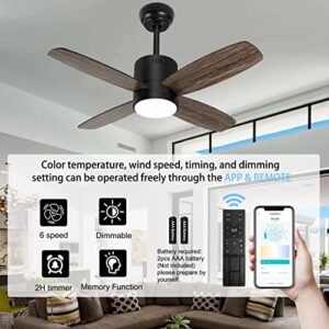 Ohniyou 38'' Ceiling Fan with Lights Remote Control - Small Outdoor Ceiling Fans with Light for Patio APP Control - Dimmable Quiet DC Ceiling Fan for Sunroom Screen Porch Living Room Bedroom(Black)