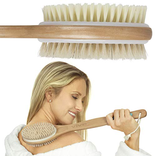 Vive Back Scrubber Brush for Shower - for Dry or Wet Body Brushing - Long Handle - Cleaning Lymphatic Drainage Handled Washer for Men, Women - Showering Bathing Exfoliator with Soft & Stiff Bristles