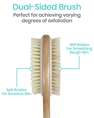 Vive Back Scrubber Brush for Shower - for Dry or Wet Body Brushing - Long Handle - Cleaning Lymphatic Drainage Handled Washer for Men, Women - Showering Bathing Exfoliator with Soft & Stiff Bristles