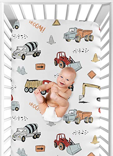 Sweet Jojo Designs Construction Truck Boy Fitted Crib Sheet Baby or Toddler Bed Nursery - Grey Yellow Orange Red and Blue Transportation