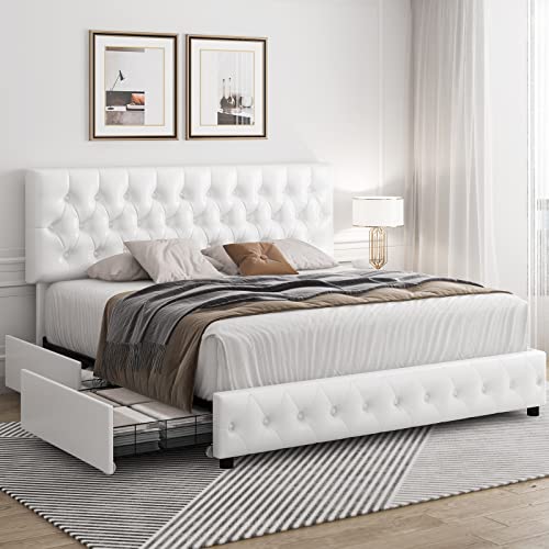 Keyluv Modern Upholstered Bed Frame with 4 Drawers, Button Tufted Headboard Design, Solid Wooden Slat Support, Easy Assembly, Full Size, White