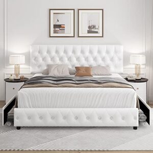 Keyluv Modern Upholstered Bed Frame with 4 Drawers, Button Tufted Headboard Design, Solid Wooden Slat Support, Easy Assembly, Full Size, White