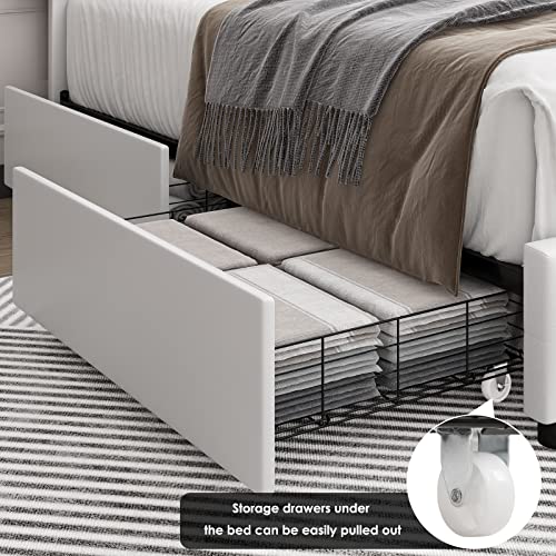 Keyluv Modern Upholstered Bed Frame with 4 Drawers, Button Tufted Headboard Design, Solid Wooden Slat Support, Easy Assembly, Full Size, White