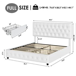 Keyluv Modern Upholstered Bed Frame with 4 Drawers, Button Tufted Headboard Design, Solid Wooden Slat Support, Easy Assembly, Full Size, White