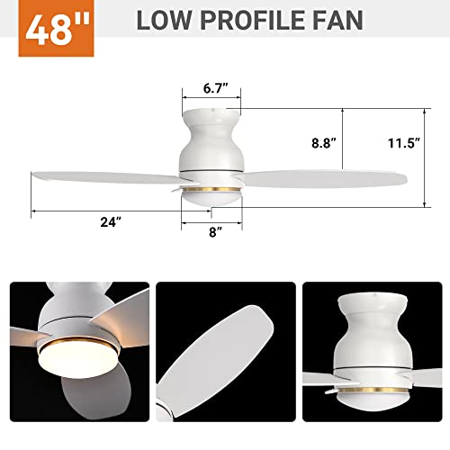 Ceiling Fan with Lights, Indoor & Outdoor,48in Low Profile DC Smart Ceiling Fan Compatible with Alexa, Siri, Google Home & Smart APP, 2 Colors of Reversible Blades, White Gold