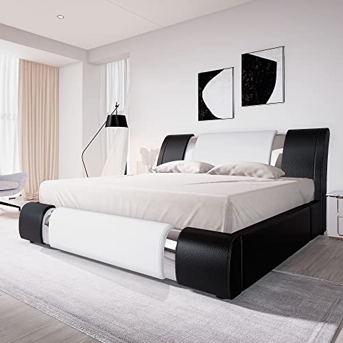 Allewie Queen Bed Frame with Iron Piece Decor, Faux Leather Upholstered Platform Bed with Adjustable Headboard & Strong Wooden Slats, No Box Spring Needed, Black and White