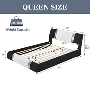 Allewie Queen Bed Frame with Iron Piece Decor, Faux Leather Upholstered Platform Bed with Adjustable Headboard & Strong Wooden Slats, No Box Spring Needed, Black and White