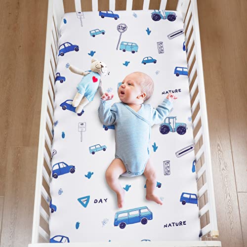 PHF Soft Car Crib Sheet Fitted, 2 Pack Silky Comfy Breathable Baby Sheets for Boys Girls，28x52x9in Fits Standard Crib and Toddler Mattresses, Cars