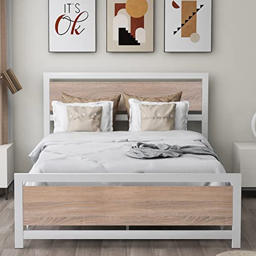 Tensun Full Size Bed Frame with Footboard and Wood Headboard,Heavy Duty Platform Bed Frame, Steel Slats Mattress Foundation Square Pipe Design, No Box Spring Needed, Noise Free, White