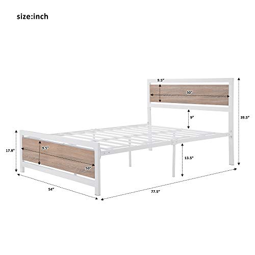 Tensun Full Size Bed Frame with Footboard and Wood Headboard,Heavy Duty Platform Bed Frame, Steel Slats Mattress Foundation Square Pipe Design, No Box Spring Needed, Noise Free, White