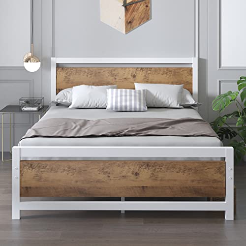 Catrimown Queen Platform Metal Bed Frame with Wooden Headboard and Footboard/Rustic Country Style Mattress Foundation/No Box Spring Needed/Under Bed Storage/Strong Slat Support (White, Queen)