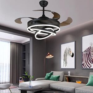 gwdz 42 inch retractable ceiling fans, modern led semi flush fan light 3 colors 6 speed invisible blades silent smart fan suitable for bedroom, living room and dining room black