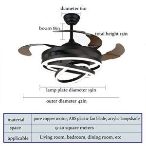 GWDZ 42 Inch Retractable Ceiling Fans, Modern LED Semi Flush Fan Light 3 Colors 6 Speed Invisible Blades Silent Smart Fan Suitable for Bedroom, Living Room and Dining Room Black