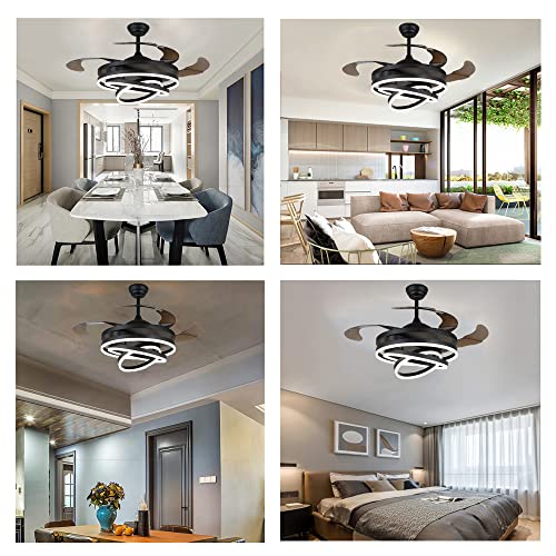 GWDZ 42 Inch Retractable Ceiling Fans, Modern LED Semi Flush Fan Light 3 Colors 6 Speed Invisible Blades Silent Smart Fan Suitable for Bedroom, Living Room and Dining Room Black