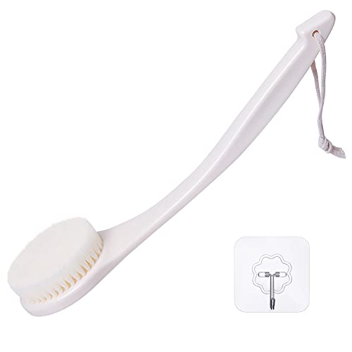 VANZAVANZU Shower Brush, Bath Body Brush with Soft Bristles, Back Brush Long Handle for Shower, Dry Exfoliating Brush or Wet Shower Brush with Moderate Bristles, Cream White