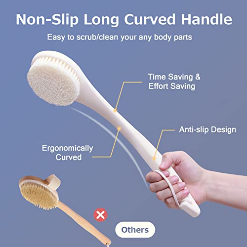 VANZAVANZU Shower Brush, Bath Body Brush with Soft Bristles, Back Brush Long Handle for Shower, Dry Exfoliating Brush or Wet Shower Brush with Moderate Bristles, Cream White