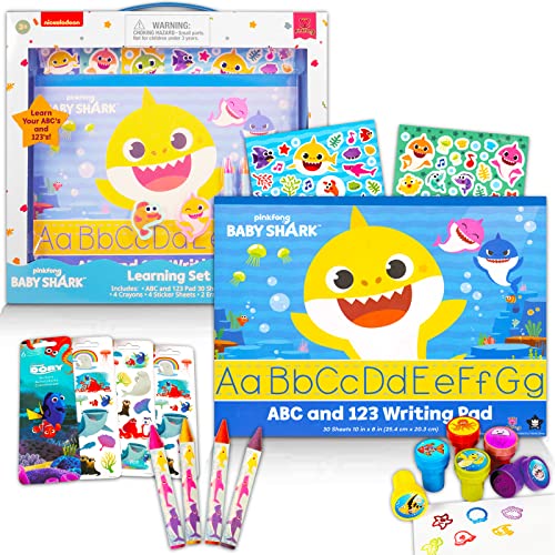 PinkFong Baby Shark ABC 123 Learning Set for Kids Boys and Girls 4 Pc Bundle with Baby Shark Learning Board, Paw Print Stampers, Stickers, and More (Blues Clues Educational Toys).